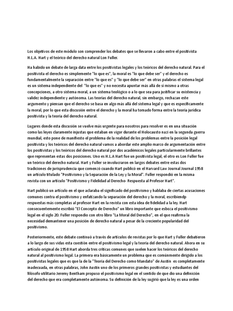 Debate entre Hart y Fuller: Positivismo vs. Derecho Natural | PDF