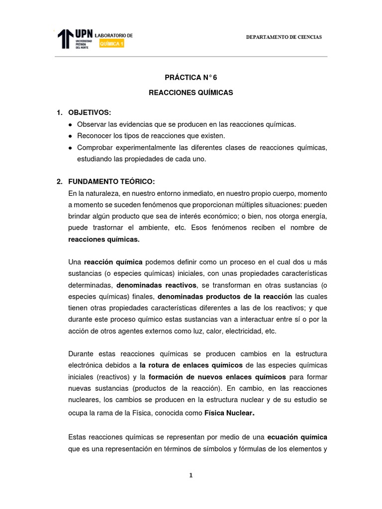Práctica #6 - Reacciones Químicas PDF | PDF | Ciencia y matemáticas
