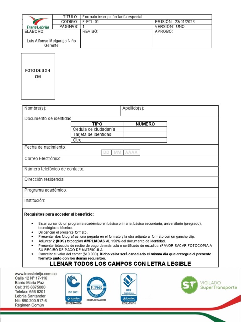 Formato Subsidio de Transporte | PDF Formato Subsidio de Transporte | PDF