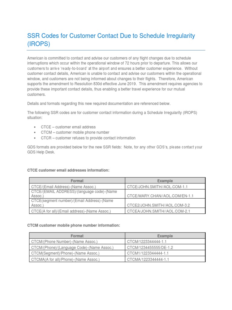 Schedule Irregularity IROPS-SSR Codes For Customer Contact PDF | PDF