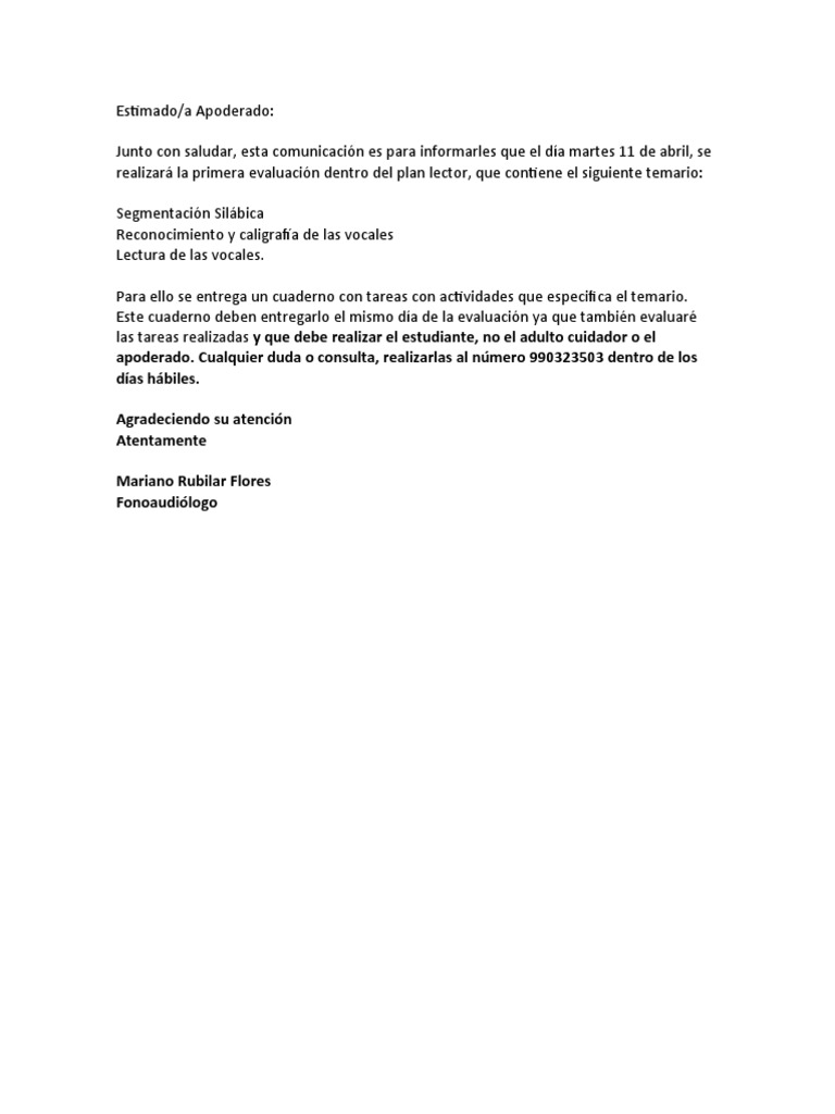 Comunicacion Apoderado | PDF