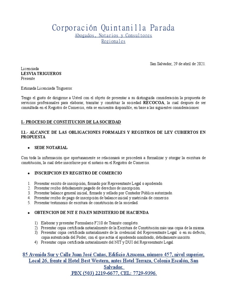 Oferta de Servicios Profesionales de Constitución de Sociedad RECOCOA ...