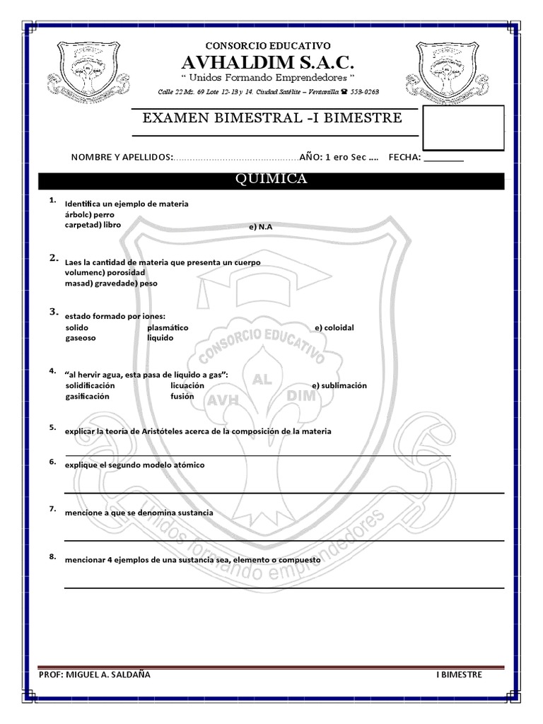 Examen Bimestral Quimica 1ero Secundaria | PDF | Ciencia y matemáticas | Tecnología