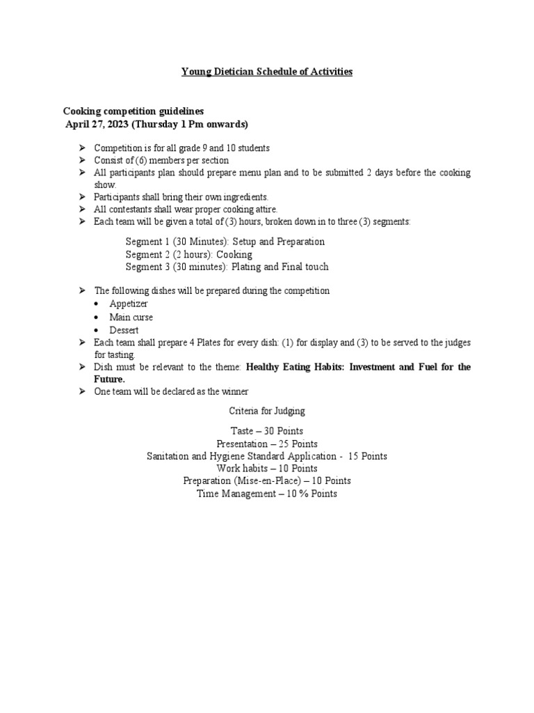 Cooking Competition Guidelines | PDF | Nutrition | Diet & Nutrition