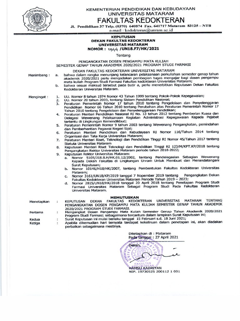 SK Pengangkatan Dosen Pengampu Mata Kuliah 20202 | PDF