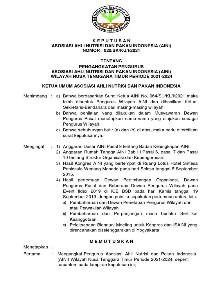 SK Pengrus Aini Ntt-04-020-Sk-Ku-I-2021 (NTT) - 230320 - 134128 PDF | PDF