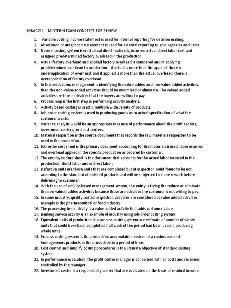 Key Concepts for the MRAC211 Midterm Exam in Managerial Accounting | PDF