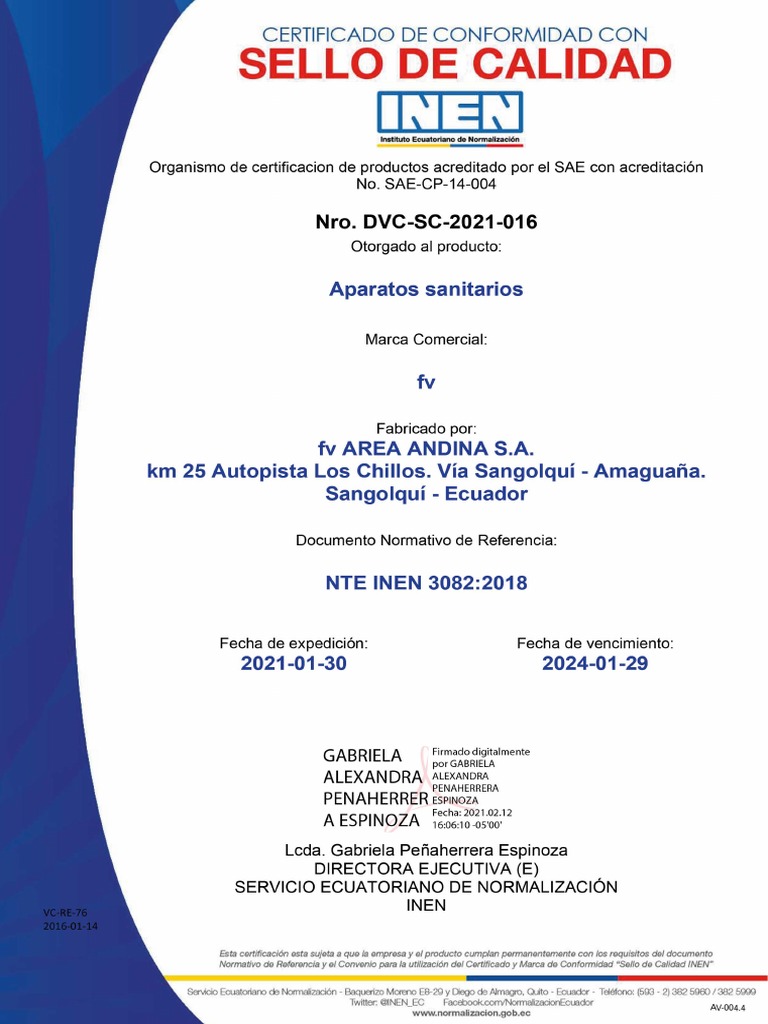 Certificados Artefactos Sanitarios | PDF