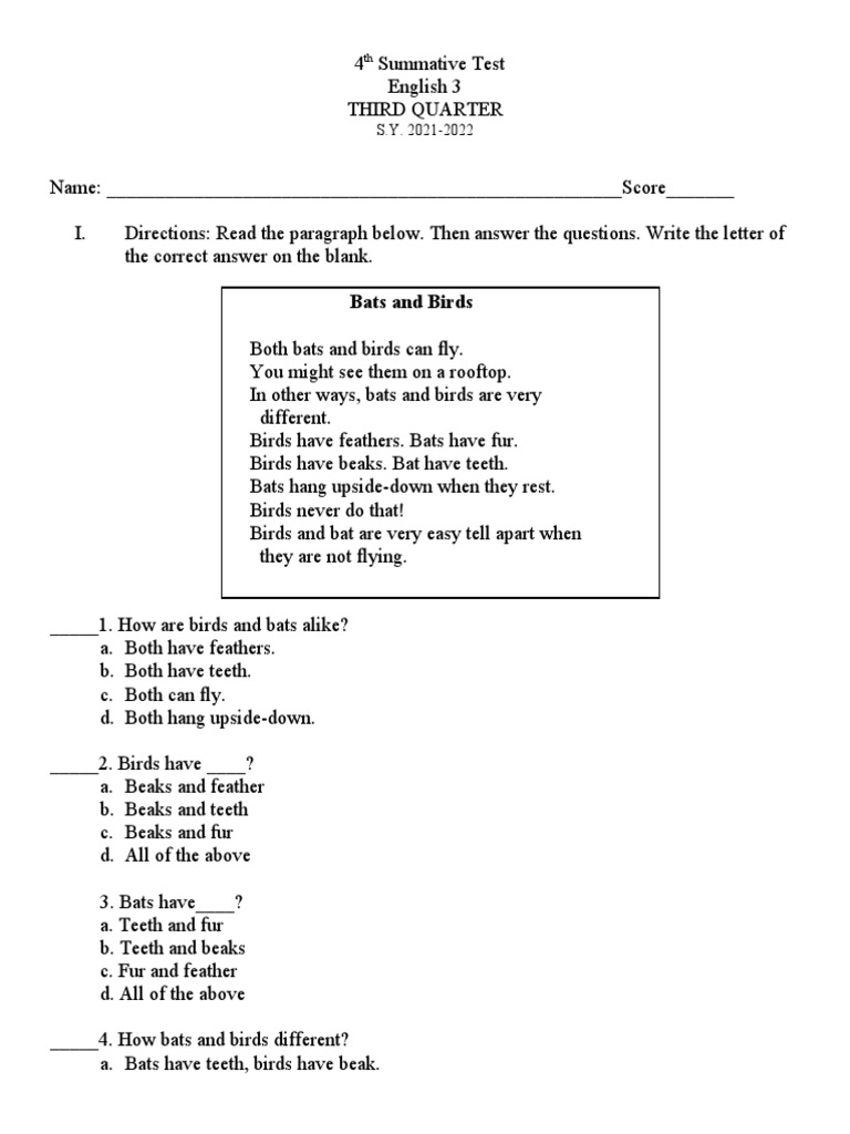 4th Summative Test With TOS Q 3 English3 | PDF | Human Communication ...
