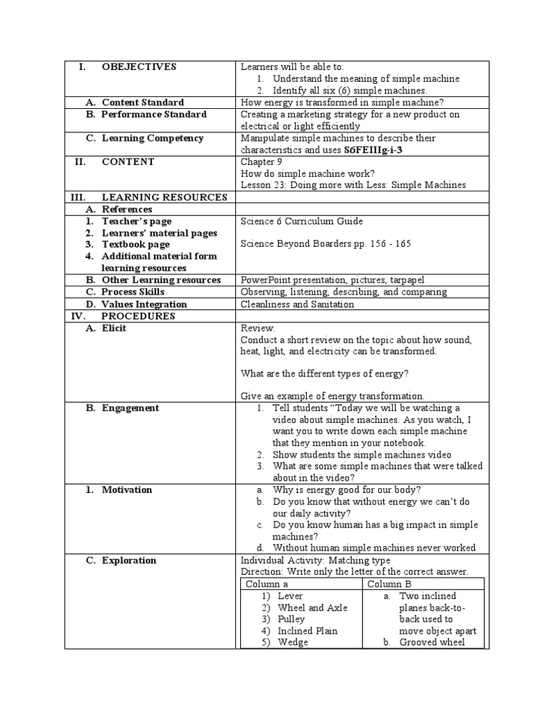 Lesson Plan Science (Simple Machine) Detailed | PDF