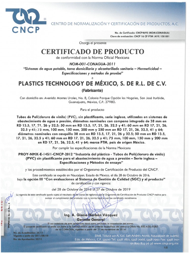 Certificado Tuberia PVC Hidraulica Inglesa C B 1 PDF | PDF