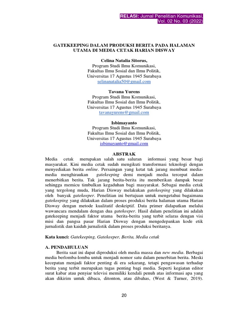 Gatekeeping Dalam Produksi Berita Pada Halaman Utama Di Media Cetak Harian Disway | PDF