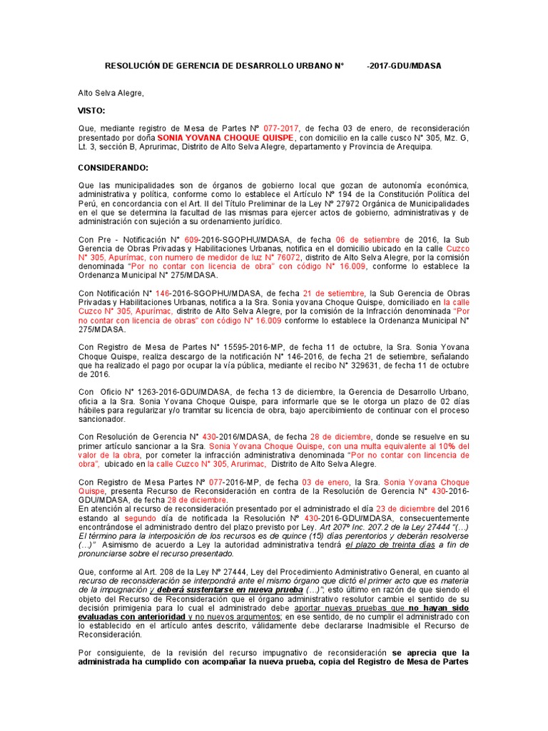 Resolucion Gerencial Declarando Fundado El Recurso de Reconsideracion | PDF