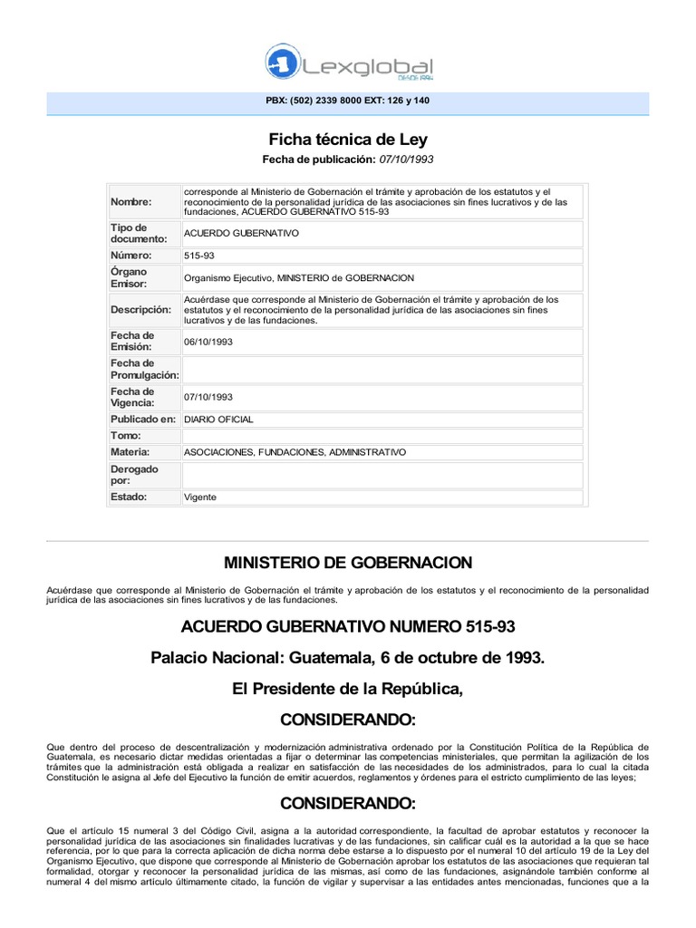 Ley - corresponde al Ministerio de Gobernación el trámit - 07-10-1993. | PDF | Fundación (sin ...