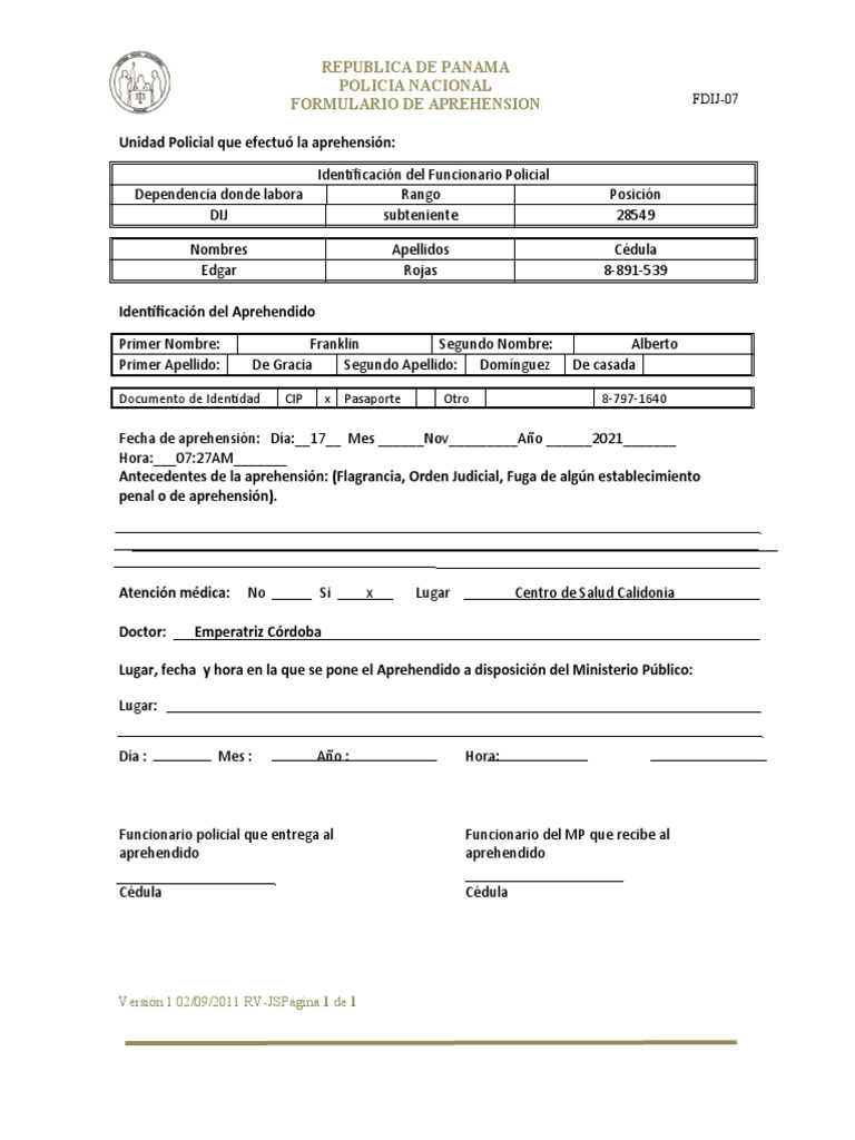 03-Dij-07 Formulario de Aprehension | PDF