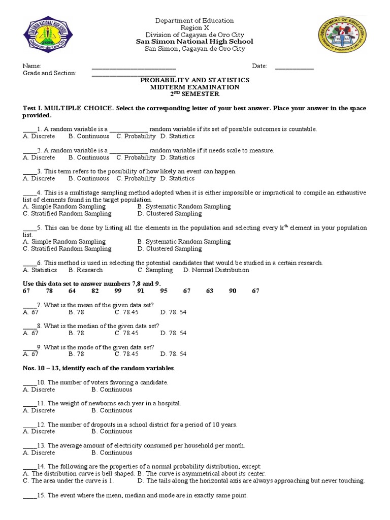 Prob Stat 11 3rd Quarter Exam | PDF | Probability Distribution ...