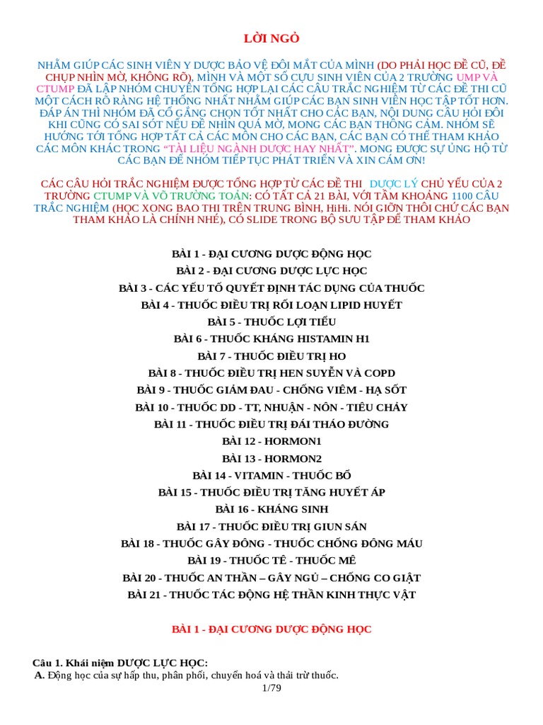(123doc) - 1100-Cau-Trac-Nghiem-Duoc-Ly-Ctump-Va-Vo-Truong-Toan-Theo-Bai-Co-Dap-An-Full PDF | PDF