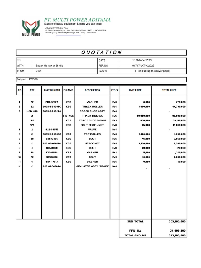 Heavy Equipment Parts Supplier Quotation | PDF