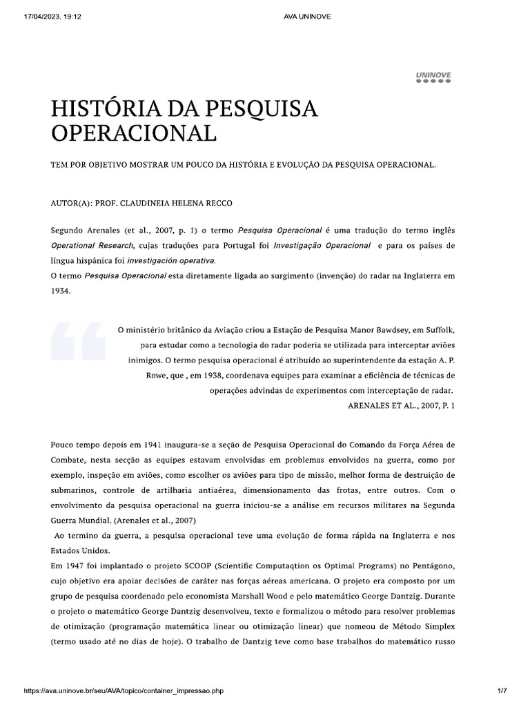 Aula 01 - História da Pesquisa Operacional | PDF
