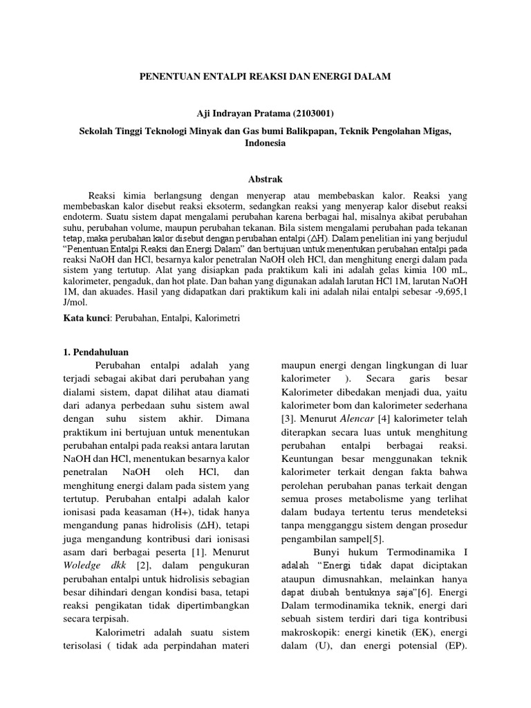 Penentuan Entalpi Reaksi Dan Energi Dalam | PDF