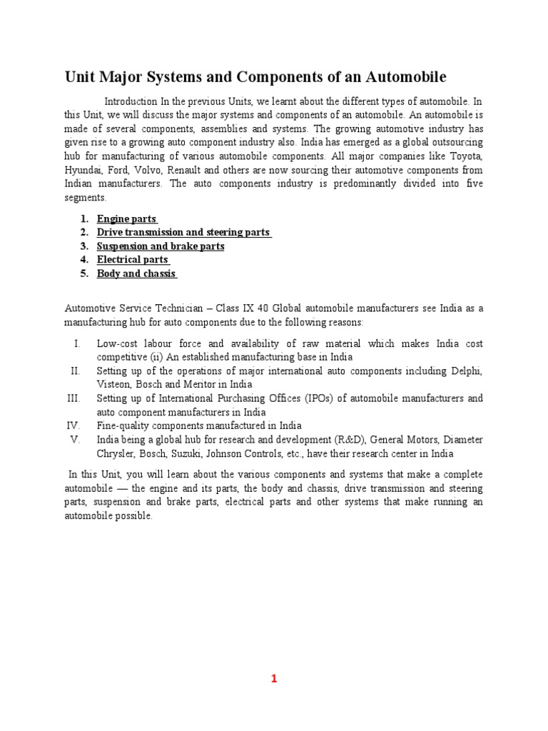Unit Major Systems and Components of an Automobile 3 Introduction In ...