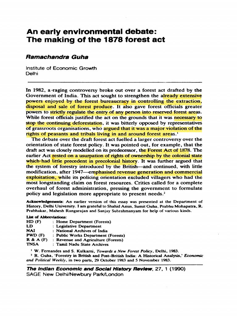 Ramchandra Guha Forest Laws of The Colonial State (IESHR) | PDF