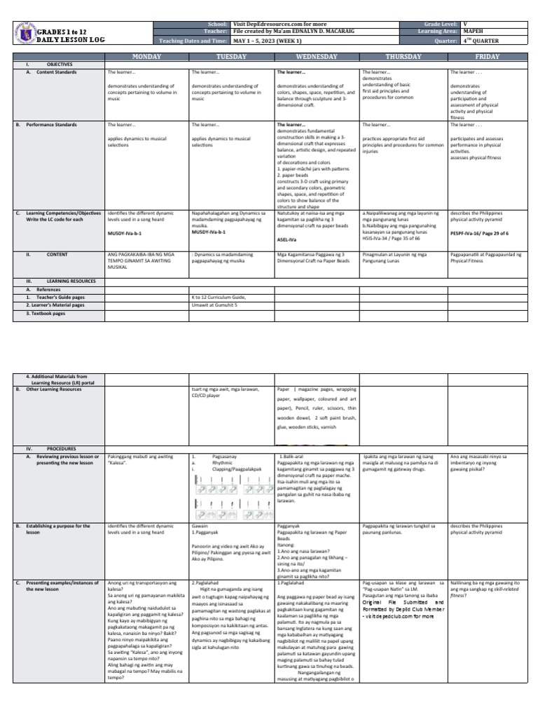DLL_MAPEH 5_Q4_W1.docx | PDF