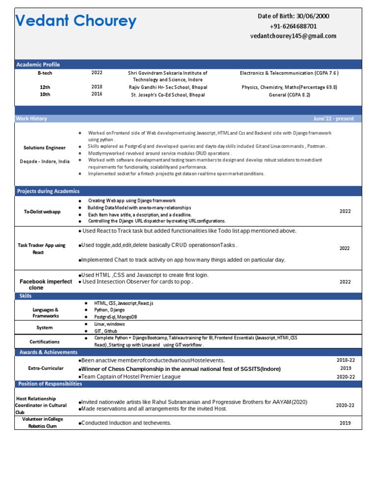 Vedant Chourey: B-Tech Profile & Skills | PDF | Java Script | Web ...