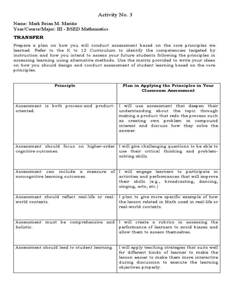Assessment Plan for K-12 Mathematics | PDF