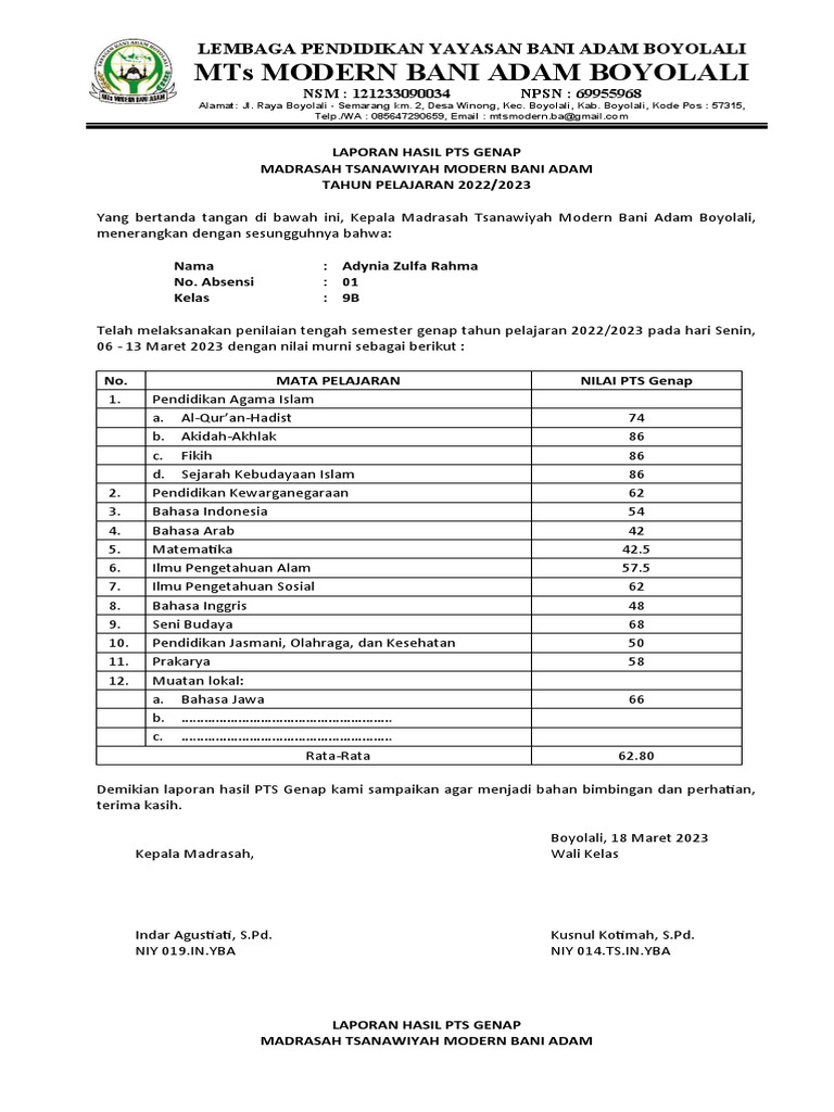 Laporan PTS Genap MTs Bani Adam 2023 | PDF
