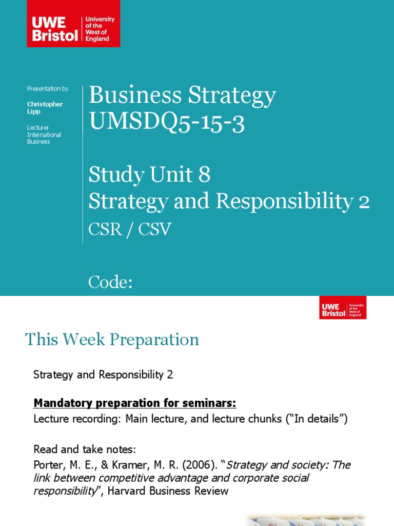 Unit 8 Seminar and Template - Strategy and Responsibility 2 - CSR-CSV | PDF | Corporate Social ...