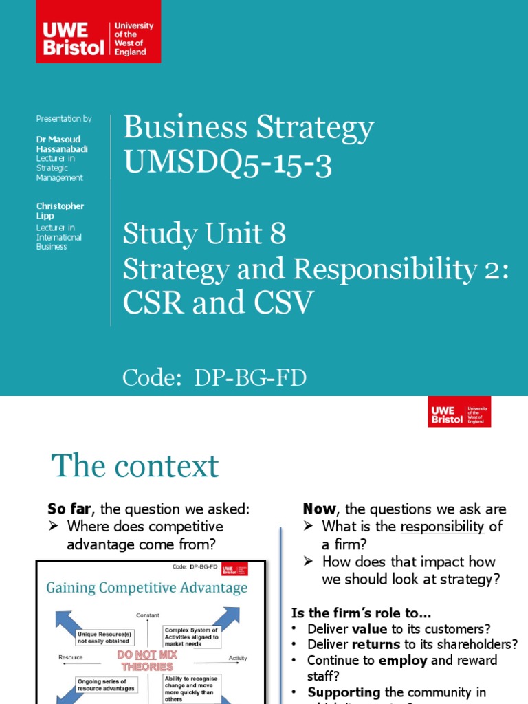 Unit 8 - Strategy and Responsibility 2 - CSR-CSV - Main Lecture | PDF Unit 8 - Strategy and Responsibility 2 - CSR-CSV - Main Lecture | PDF