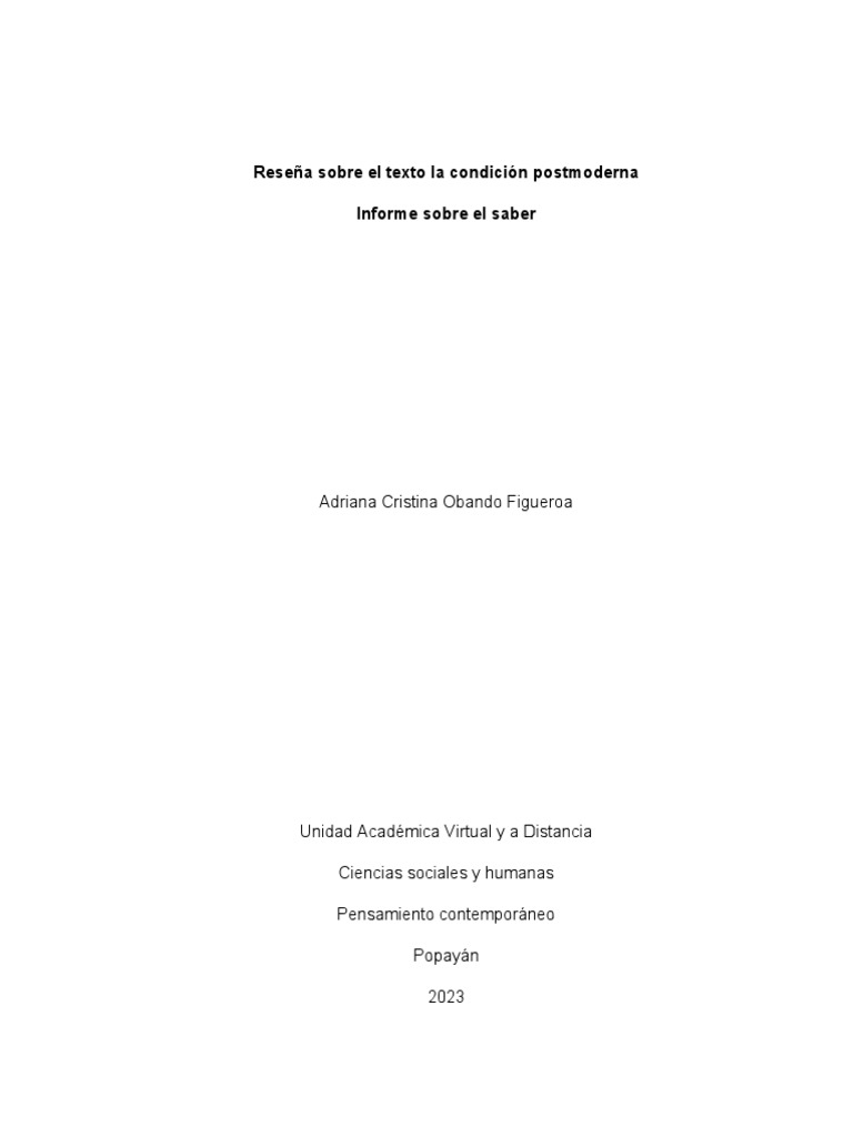 Reseña Sobre El Texto La Condición Postmoderna | PDF