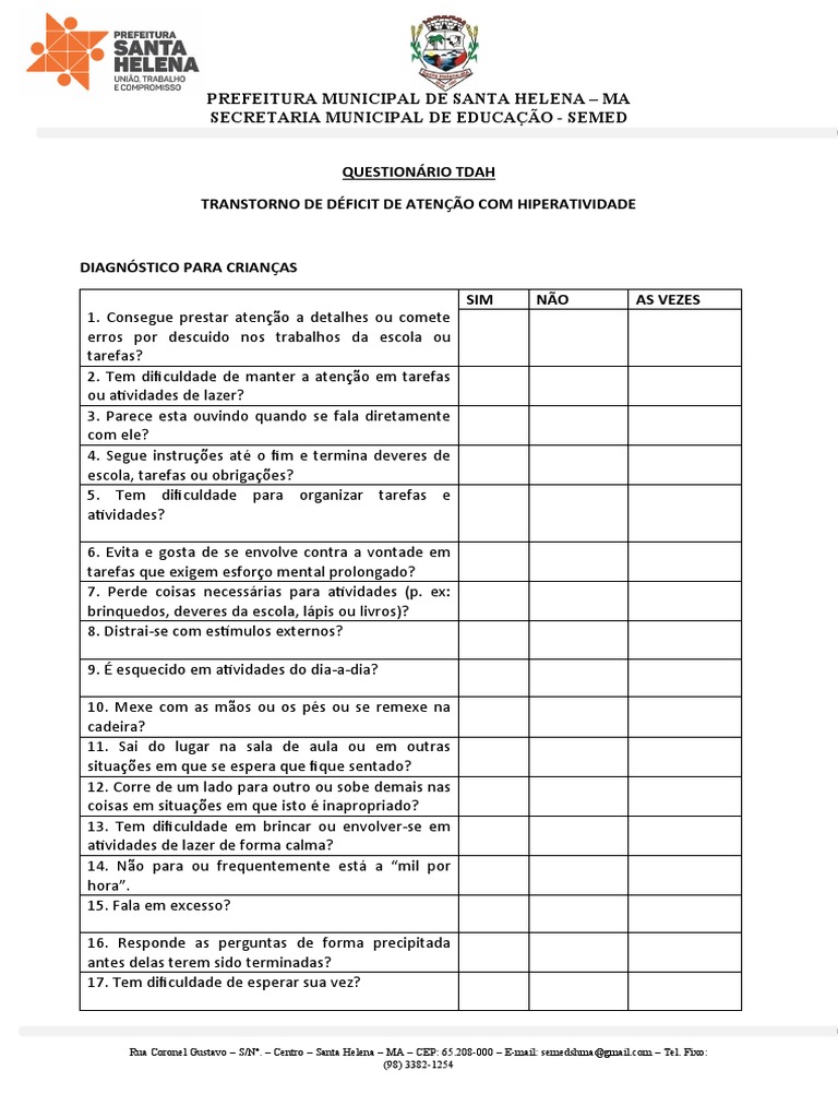 Questionário para Diagnóstico de TDAH | PDF