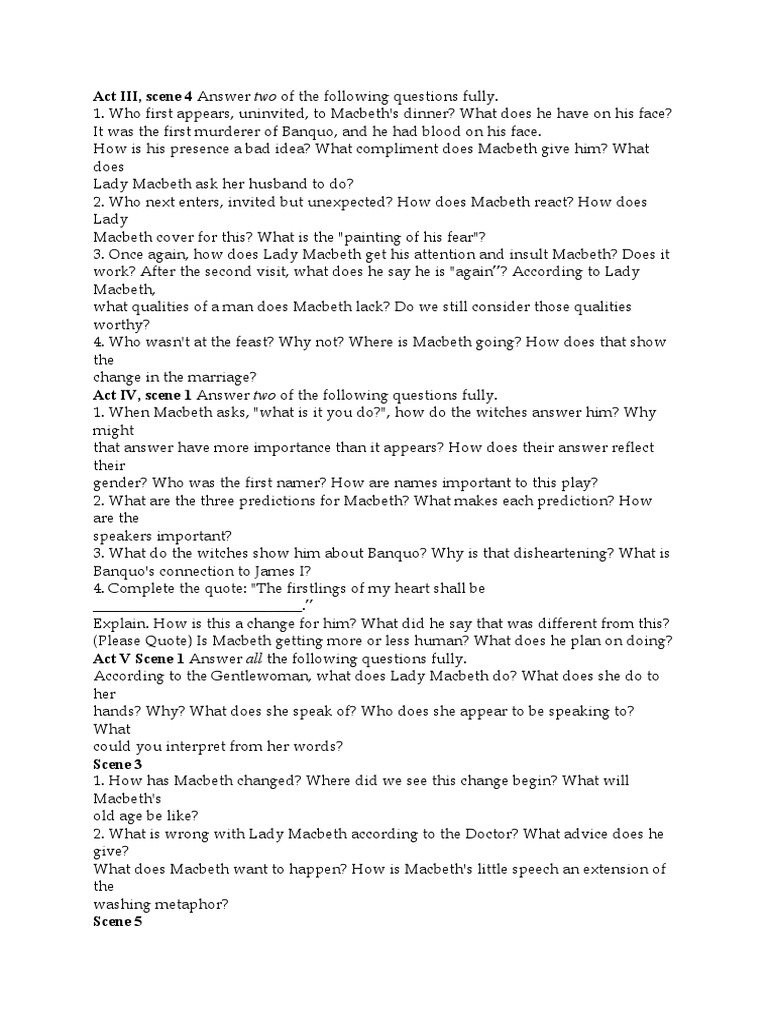 Macbeth Act III-V Study Guide Questions | PDF