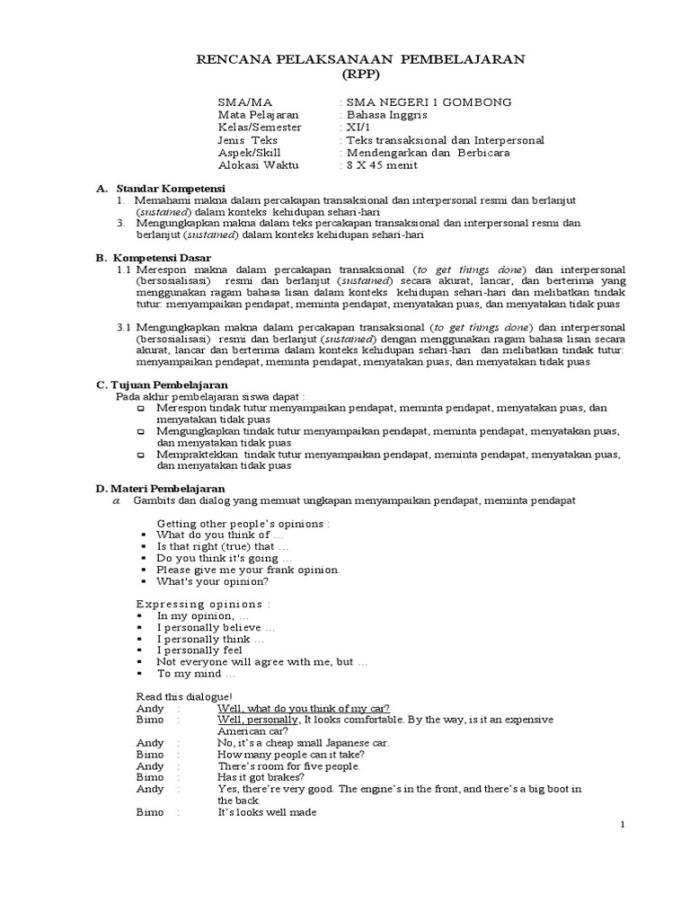 Rencana Pelaksanaan Pembelajaran (RPP) : A. Standar Kompetensi | PDF