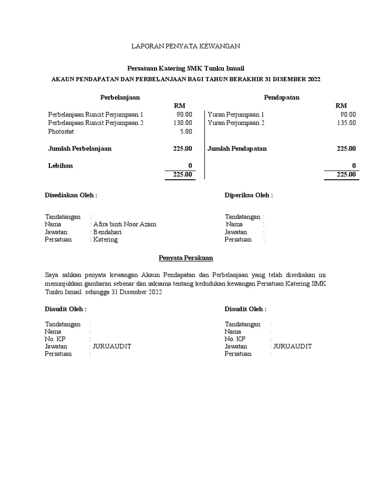 Contoh Laporan Penyata Kewangan | PDF