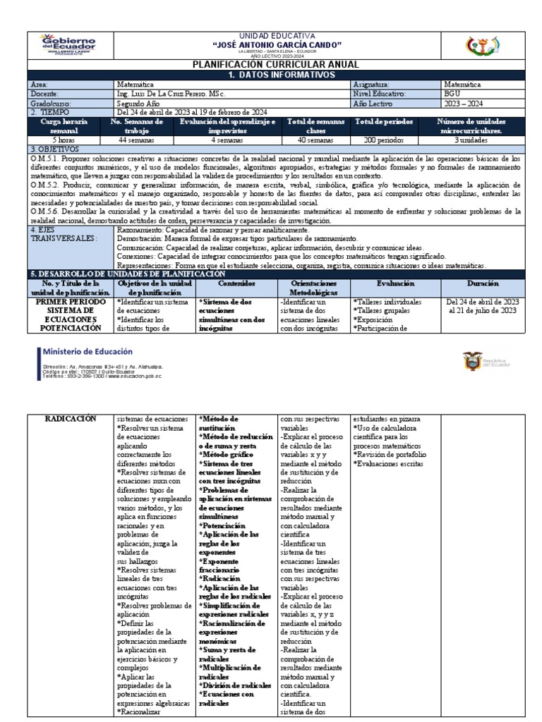Pca 2do Bgu Mat 2023-2024 | PDF