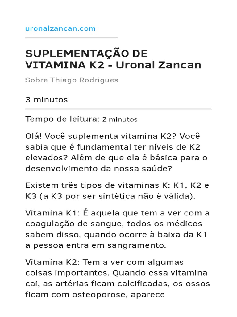 SUPLEMENTAÇÃO DE VITAMINA K2 - Uronal Zancan | PDF