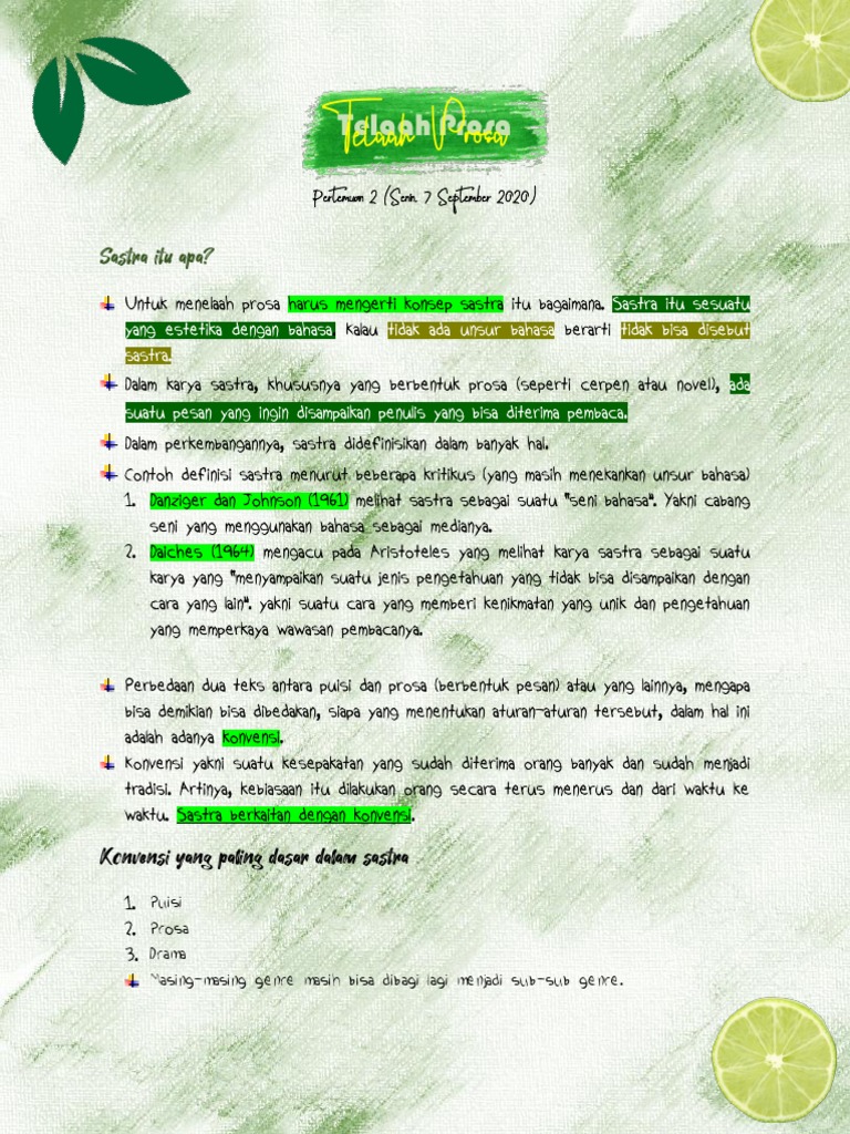 Catetan Telaah Prosa Pertemuan 2 (7 Sept 2020) PDF | PDF