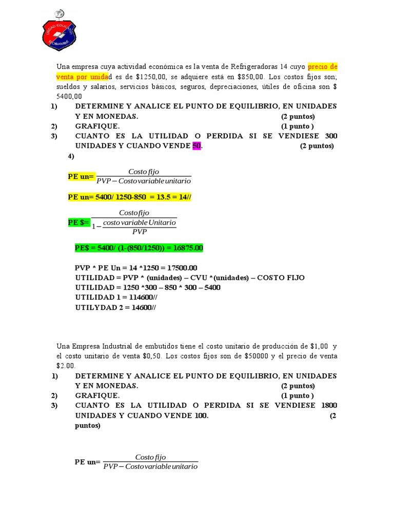 Punto de Equilibrio 3 Ejercicios | PDF