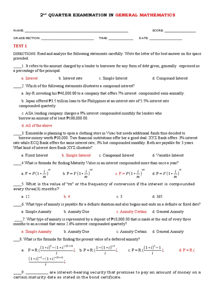 2nd QUARTER EXAMINATION IN GENERAL MATHEMATICS | PDF