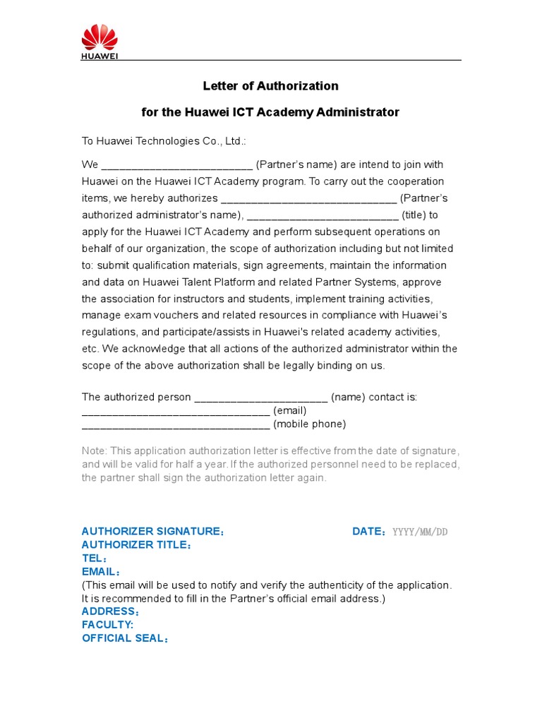 Template of Letter of Authorization For The Huawei ICT Academy ...
