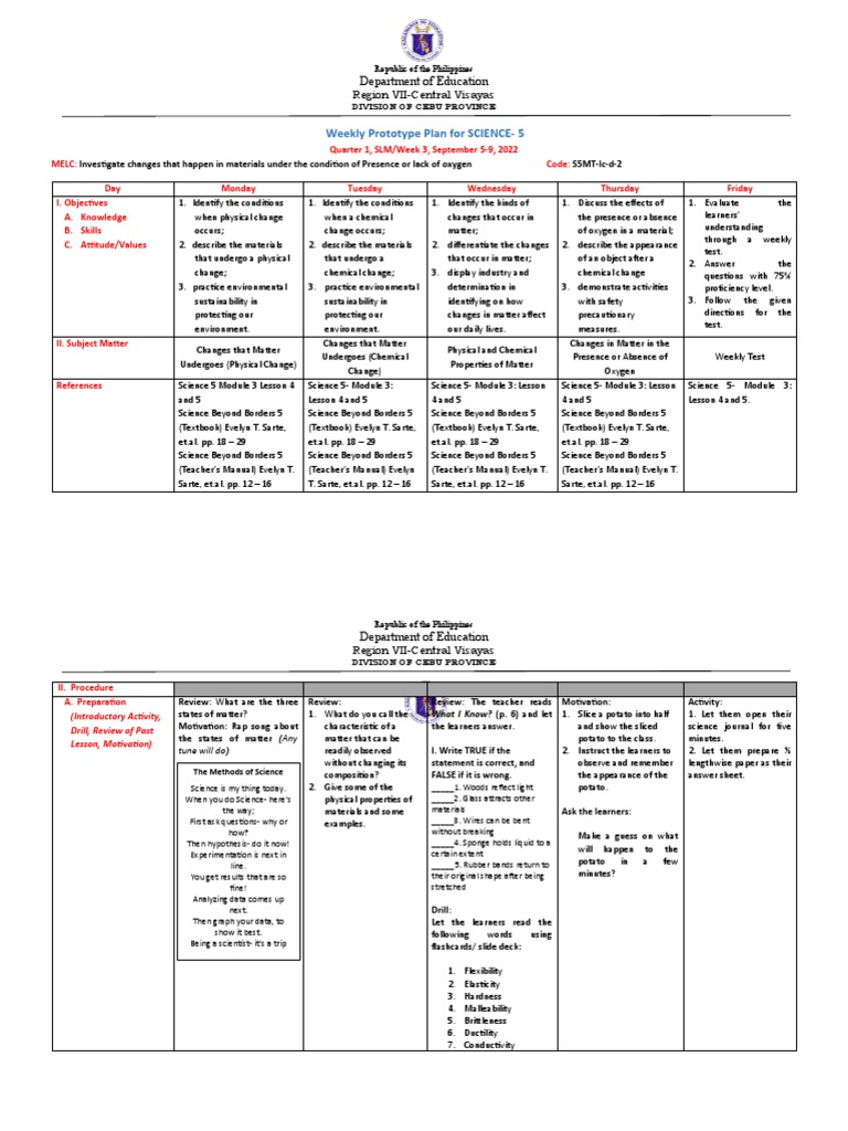 GR.5 Weekly Prototype Plan For SCIENCE 5 WK 3 (OK) | PDF | Ductility ...