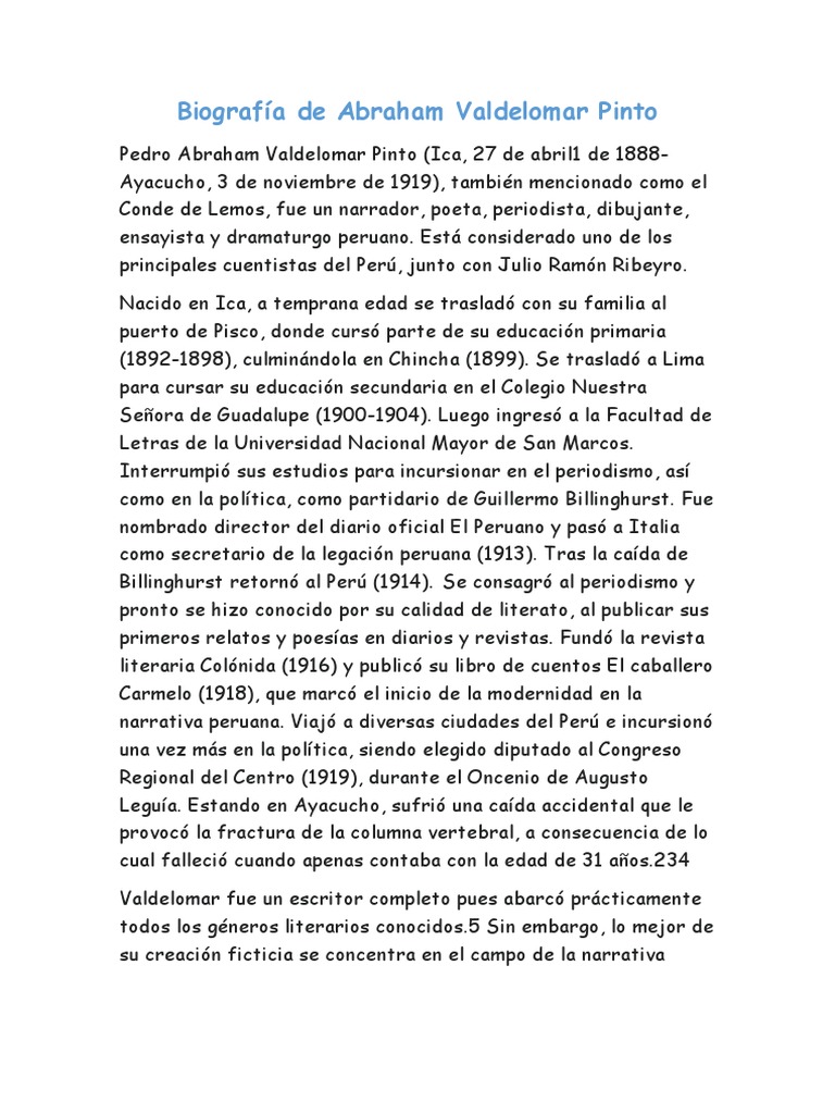 Biografía de Abraham Valdelomar Pinto | PDF