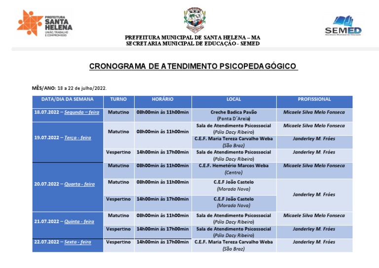 Cronograma de Atendimento Psicopedagógico | PDF