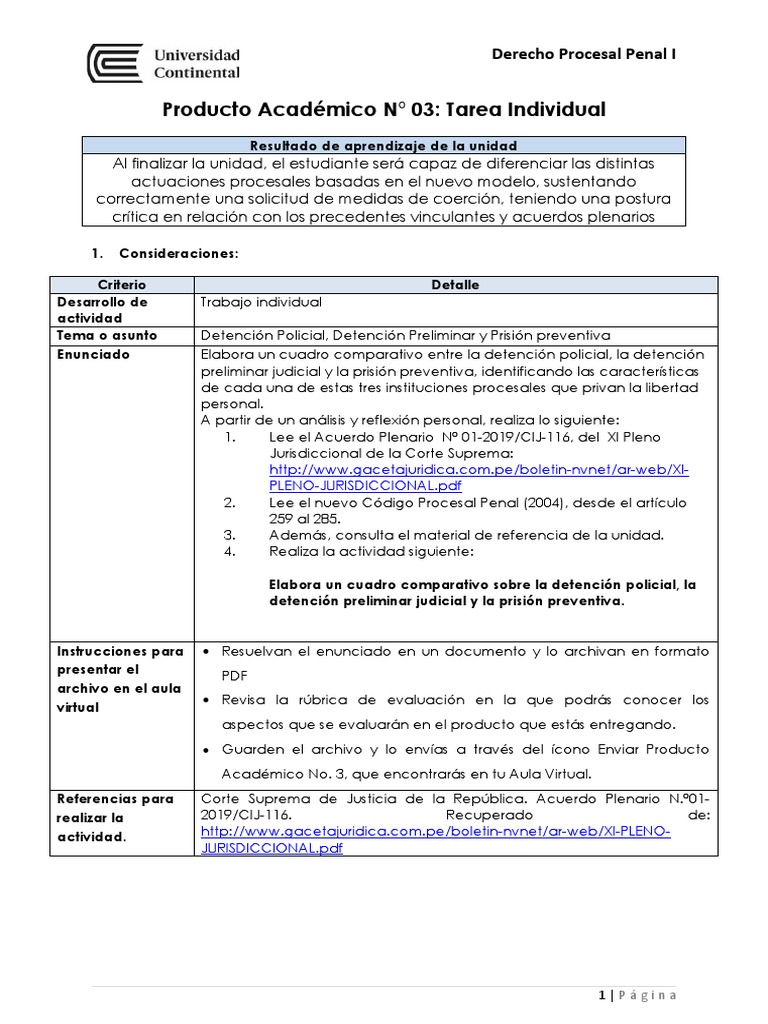 Pa3 - Tarea Individual - 2022 20 Derecho Procesal Penal I | PDF