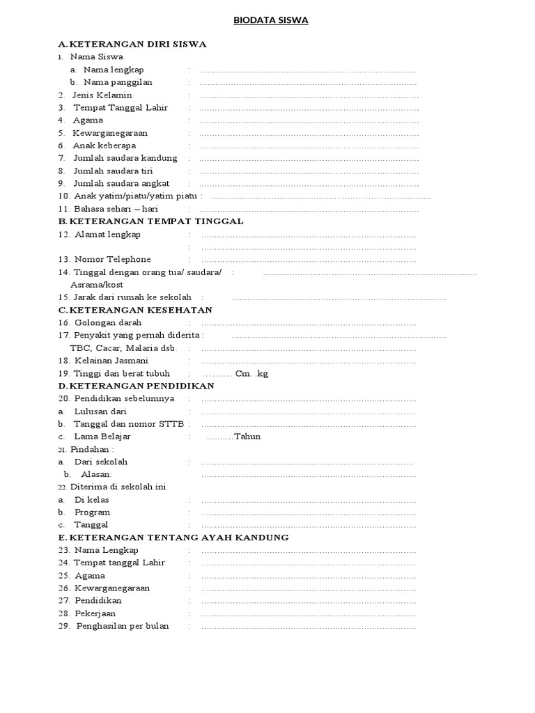 Formulir Biodata Siswa Lengkap | PDF