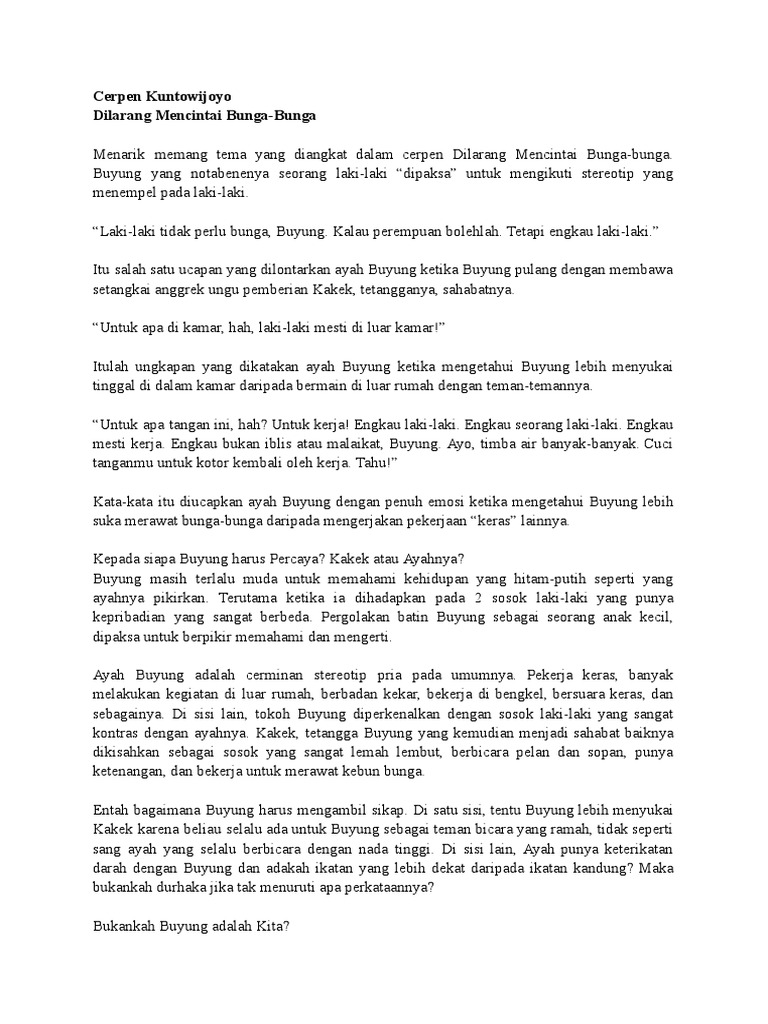 Cerpen Dilarang Mencintai Bunga-Bunga - Mikhael Kristian Warsito (Karya Kuntowijoyo) PDF | PDF