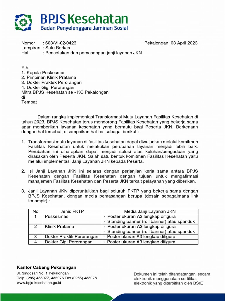 Pencetakan Dan Pemasangan Janji Layanan Jkn Fktp Pdf Pdf